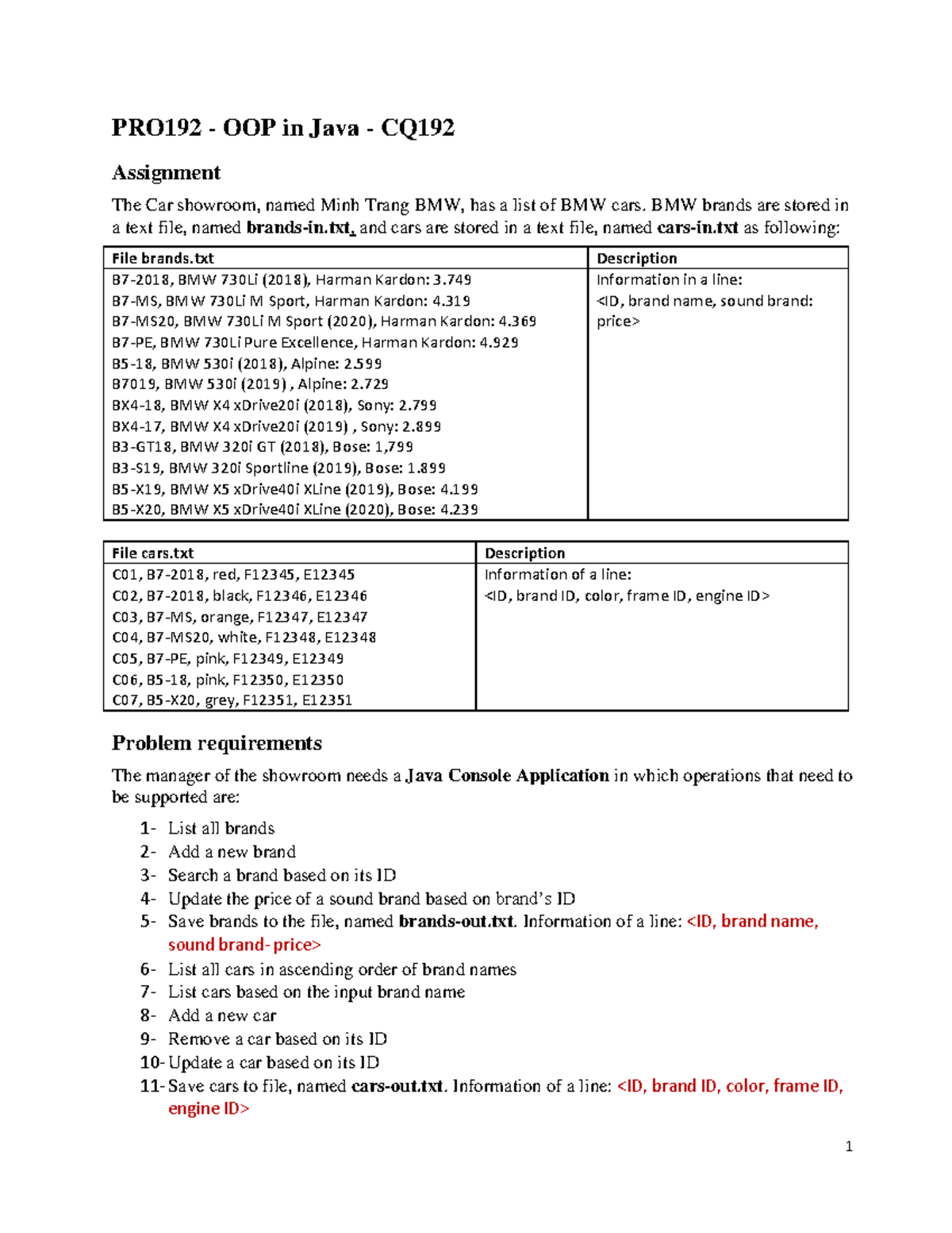 PRO192 CQ192 - Bài tập oop - PRO192 - OOP in Java - CQ Assignment The Car showroom, named Minh ...