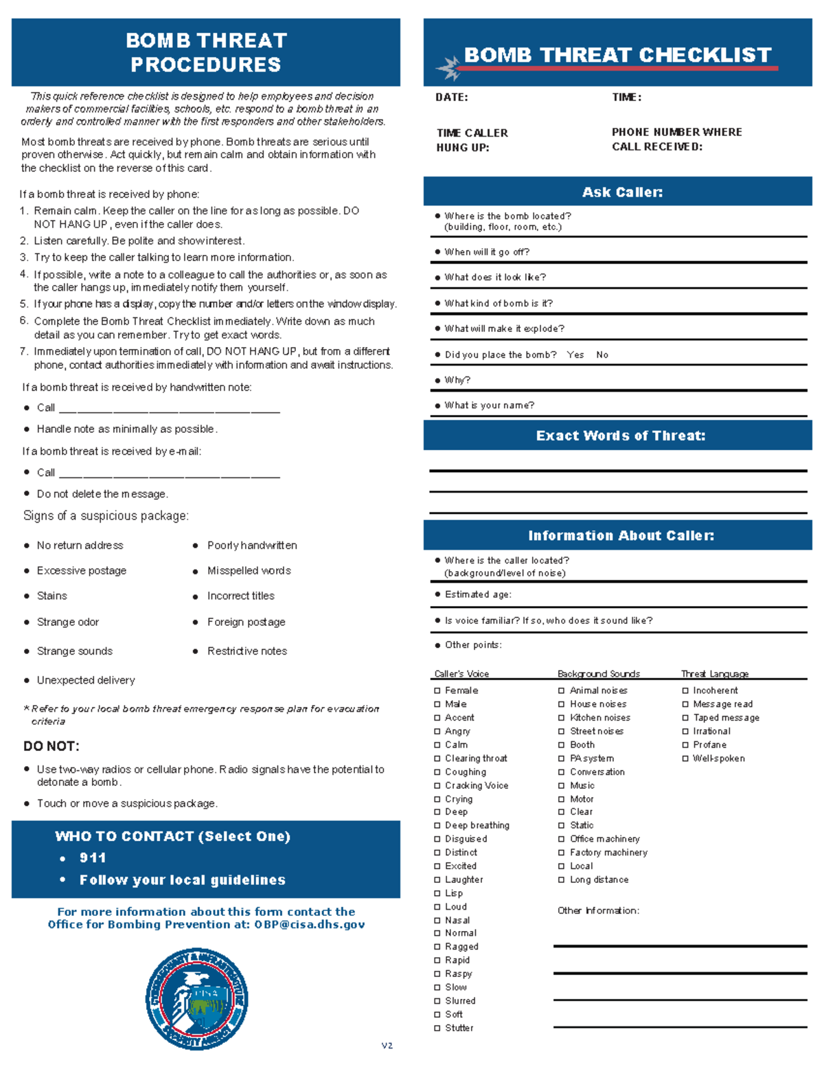 Bomb Threat Procedure Checklist - BOMB THREAT PROCEDURES BOMB THREAT ...
