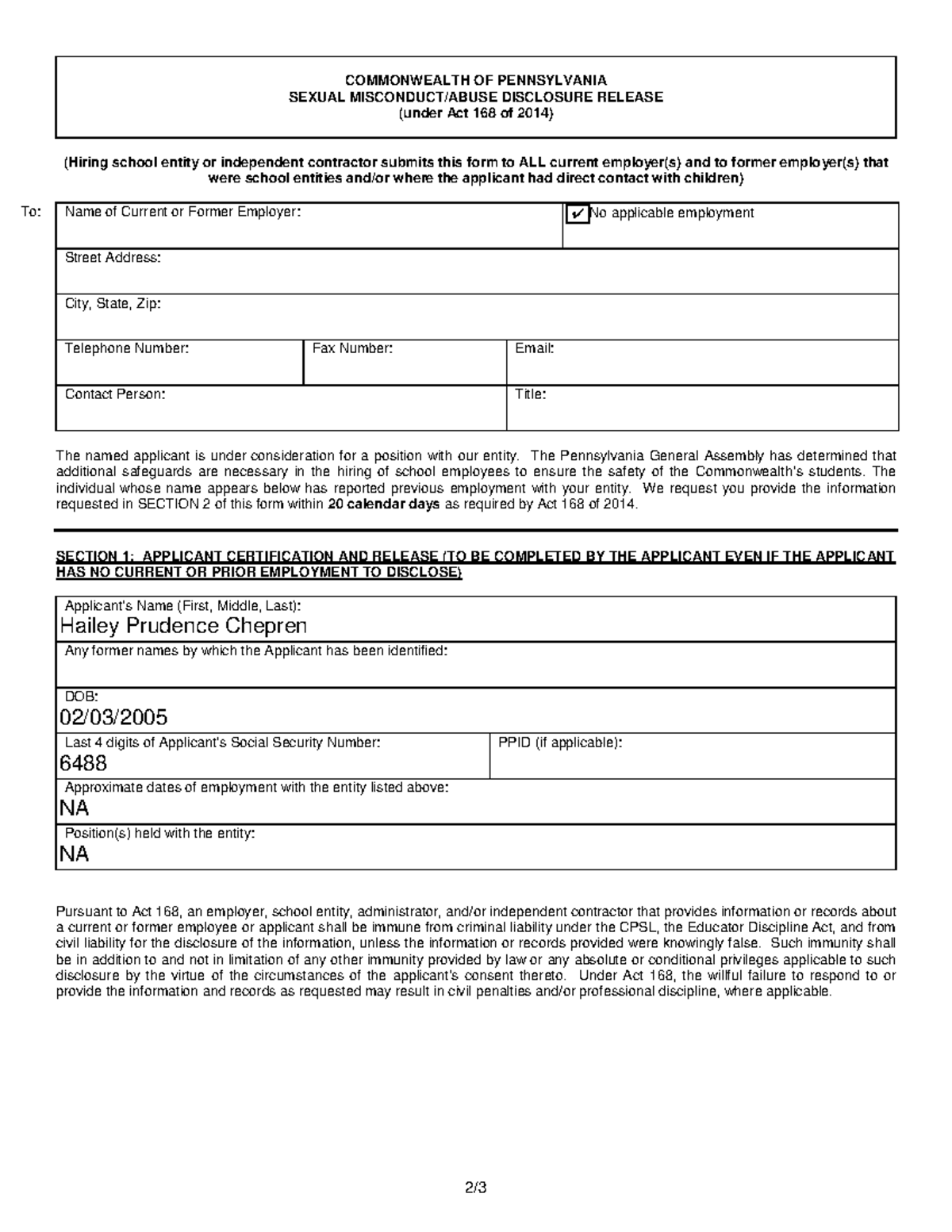 ACT 168 Sexual Misconduct:Abuse Disclosure Release - 2/ COMMONWEALTH OF ...