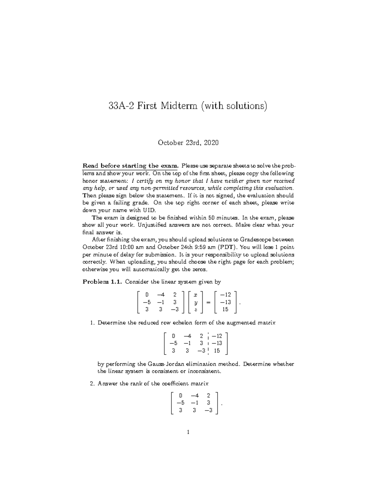 F2020 33A-2 First Midterm (solutions) - 33A-2 First Midterm (with ...