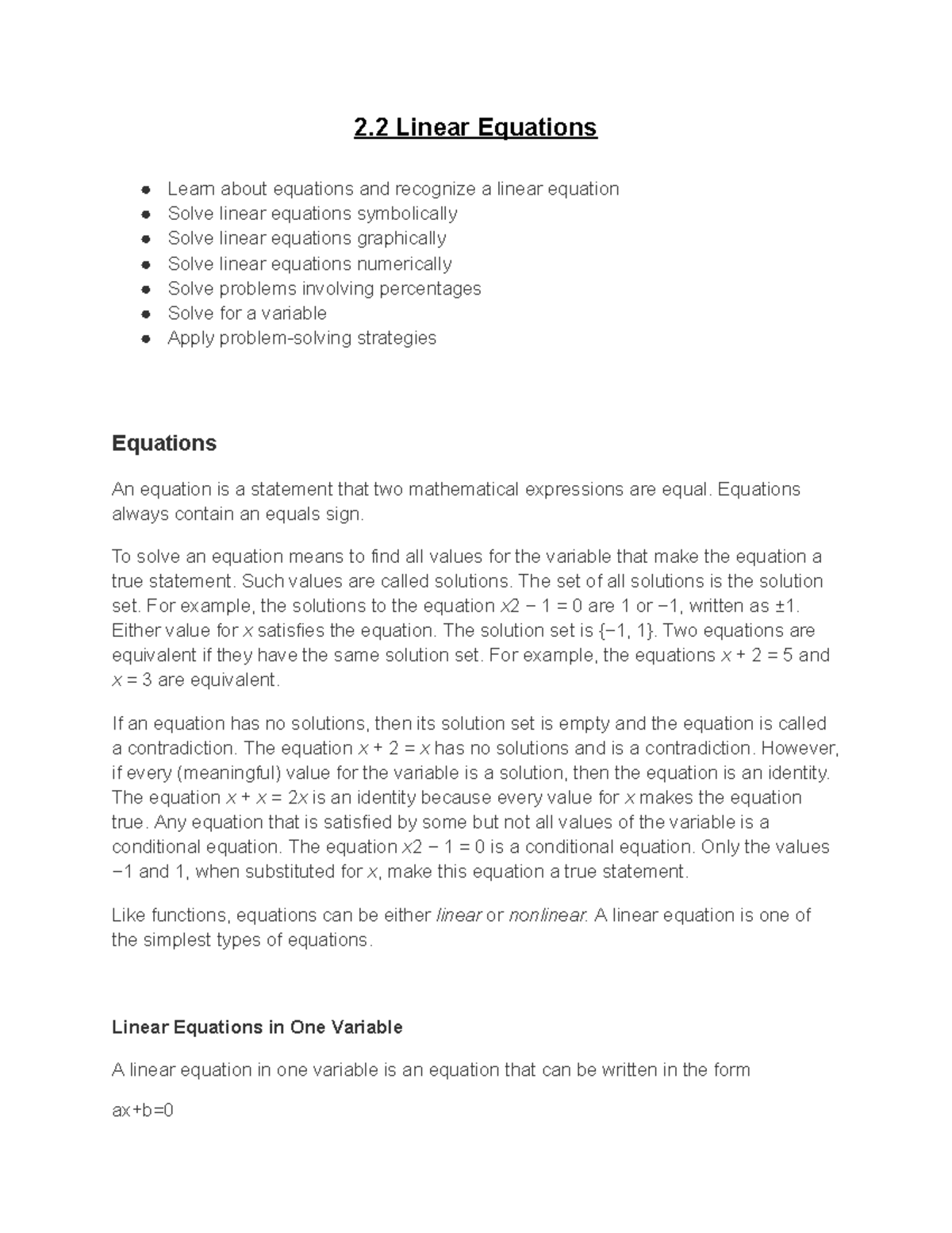 Math 2 2 Linear Equations 2 Linear Equations Learn About Equations And Recognize A Linear