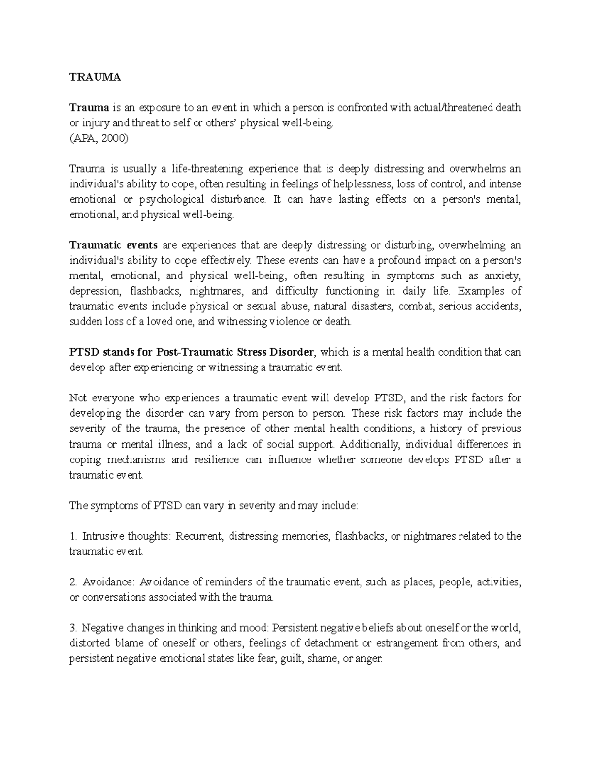 Notes - Trauma Counselling - TRAUMA Trauma is an exposure to an event ...