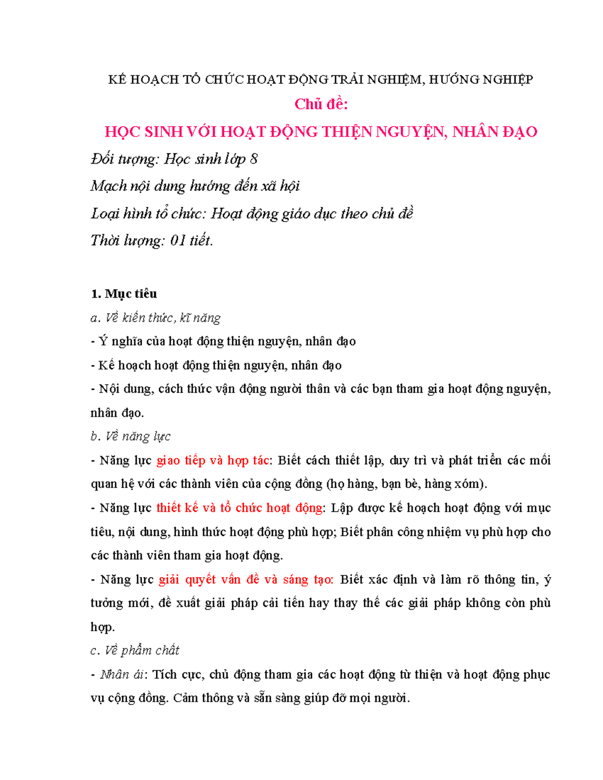 Ke hoach to chuc hoat dong trai nghiem huong nghiep mau - KẾ HOẠCH TỔ CHỨC HOẠT ĐỘNG TRẢI NGHIỆM ...