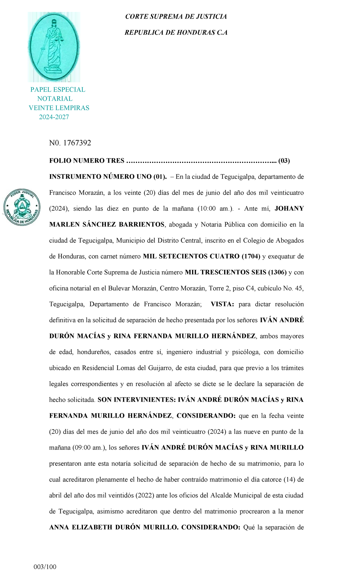 Separacion - Separación de Hecho - CORTE SUPREMA DE JUSTICIA REPUBLICA DE HONDURAS C PAPEL ...