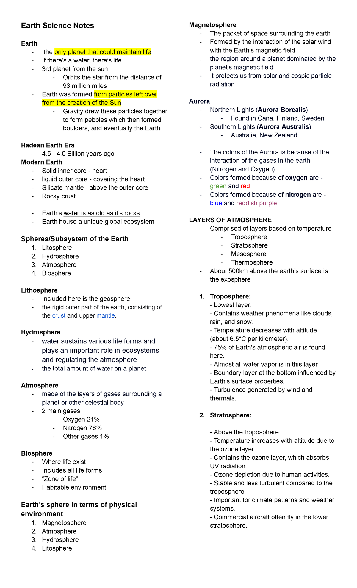 Earth Science Notes - Earth Science Notes Earth - the only planet that ...