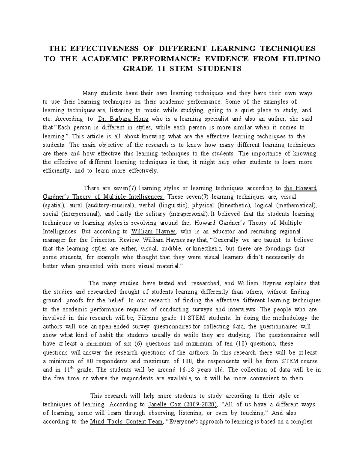 Research Essay - THE EFFECTIVENESS OF DIFFERENT LEARNING TECHNIQUES TO ...