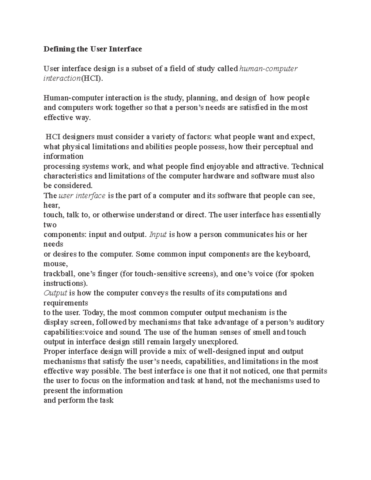 Defining the User Interface - Human-computer interaction is the study ...