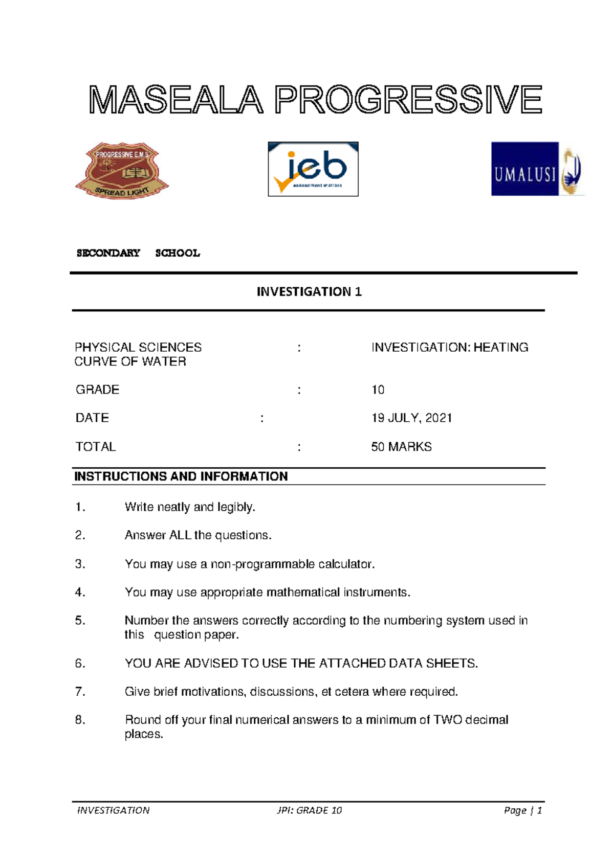 Physics 10 - Yay - SECONDARY SCHOOL INVESTIGATION 1 PHYSICAL SCIENCES ...