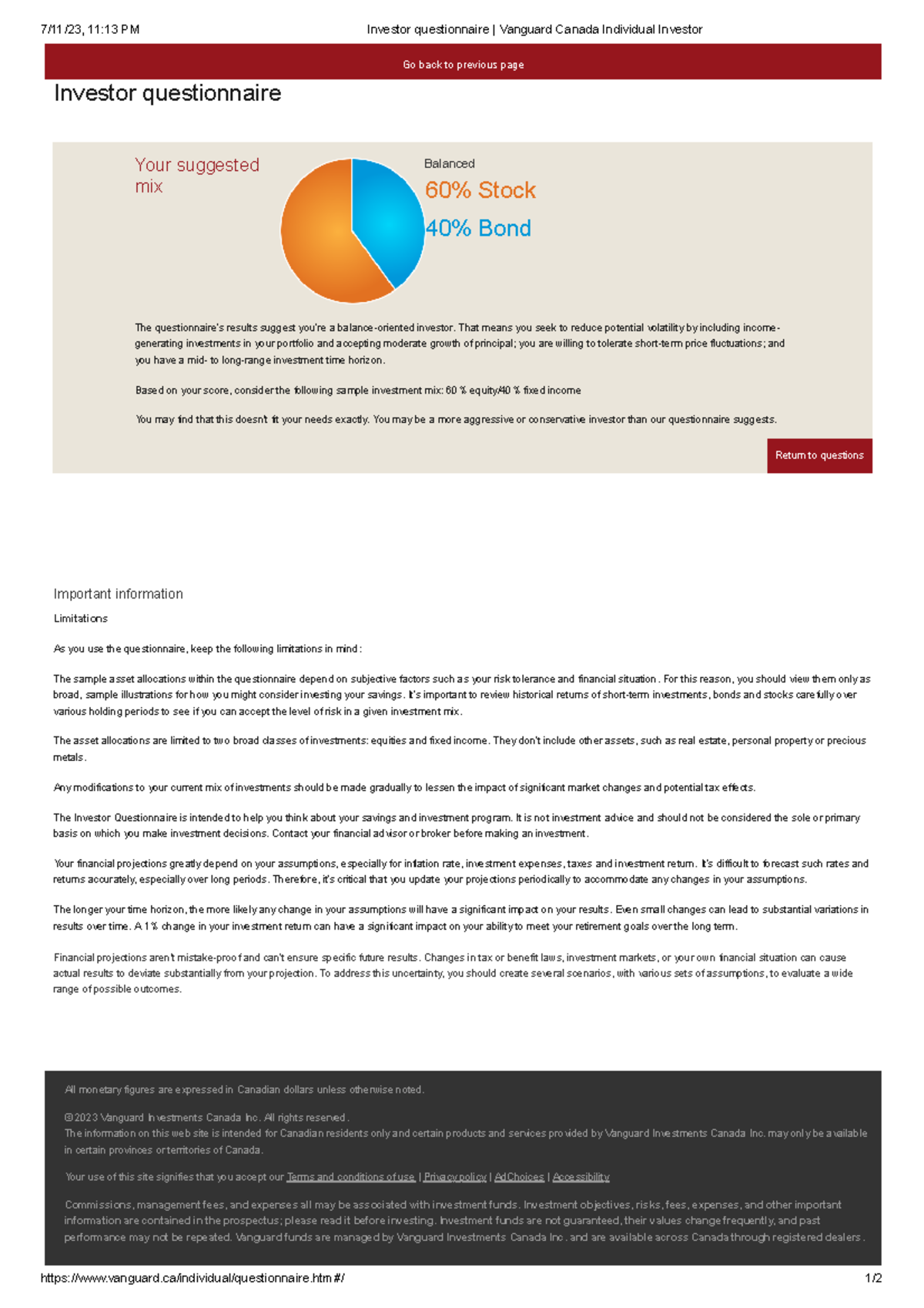 Investor questionnaire Vanguard Canada Individual Investor - FNCE 625 ...