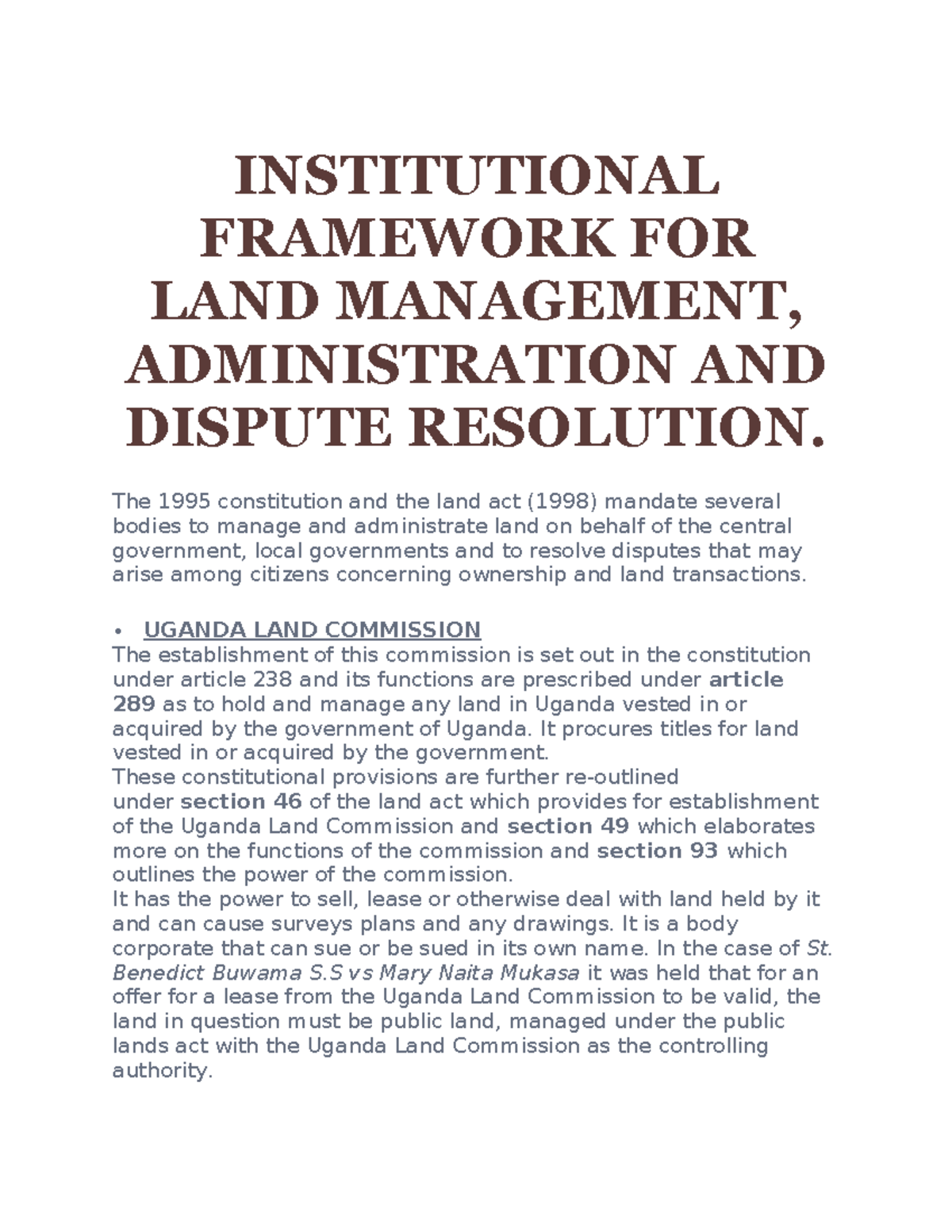 Institutional Framework for Land management and Dispute - INSTITUTIONAL ...