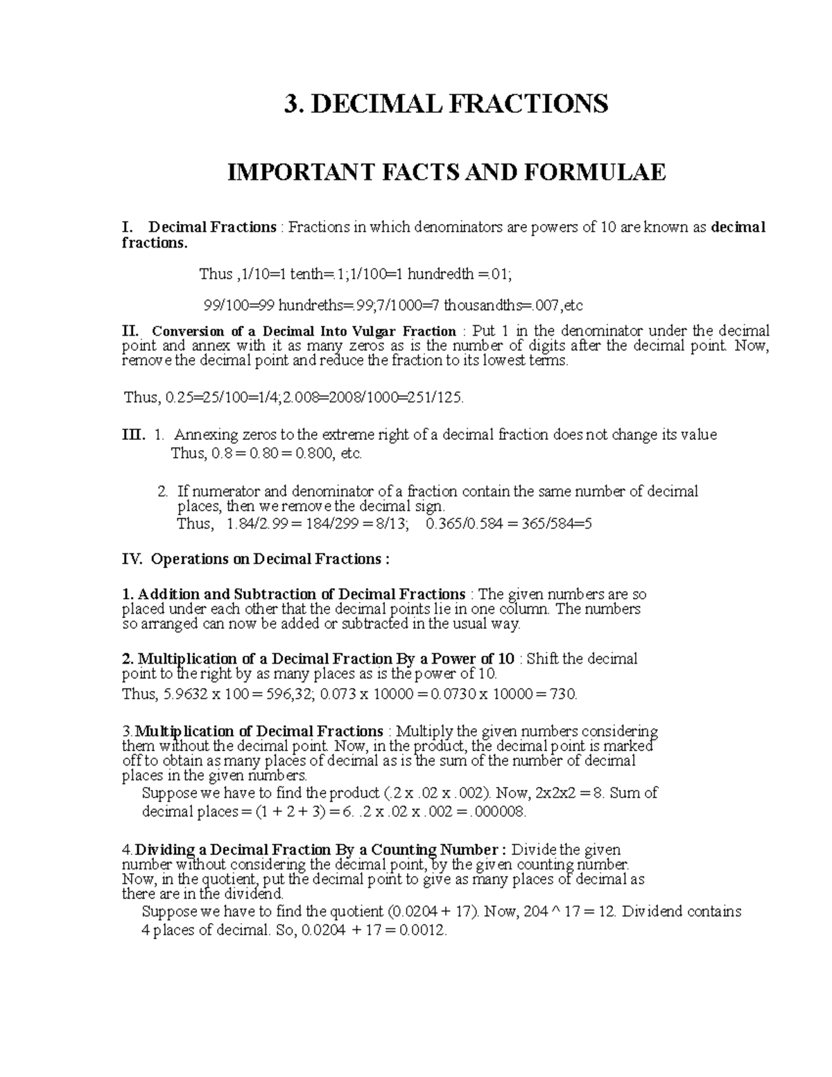 Mathematics Education Chapter 3 - 3. DECIMAL FRACTIONS IMPORTANT FACTS ...