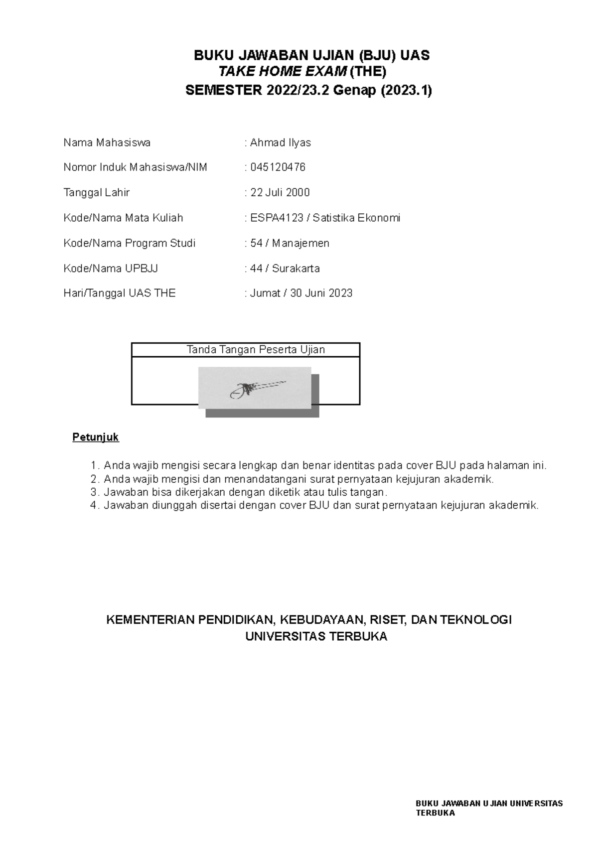 Statistika Ekonomi - diskusi - BUKU JAWABAN UJIAN (BJU) UAS TAKE HOME EXAM (THE) SEMESTER 2022/ ...