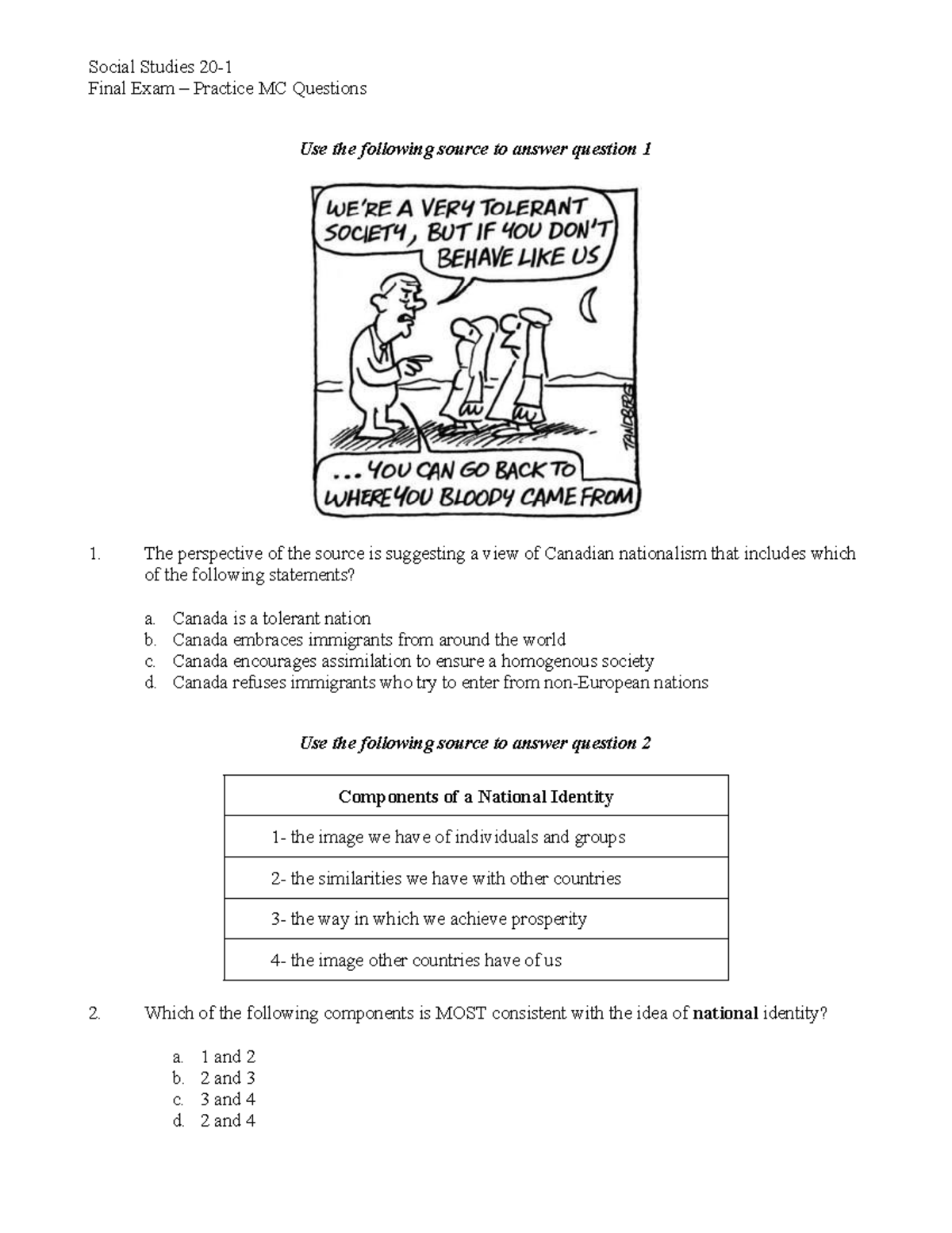 Ss 20-1 final mc practice questions - Social Studies 20- Final Exam ...