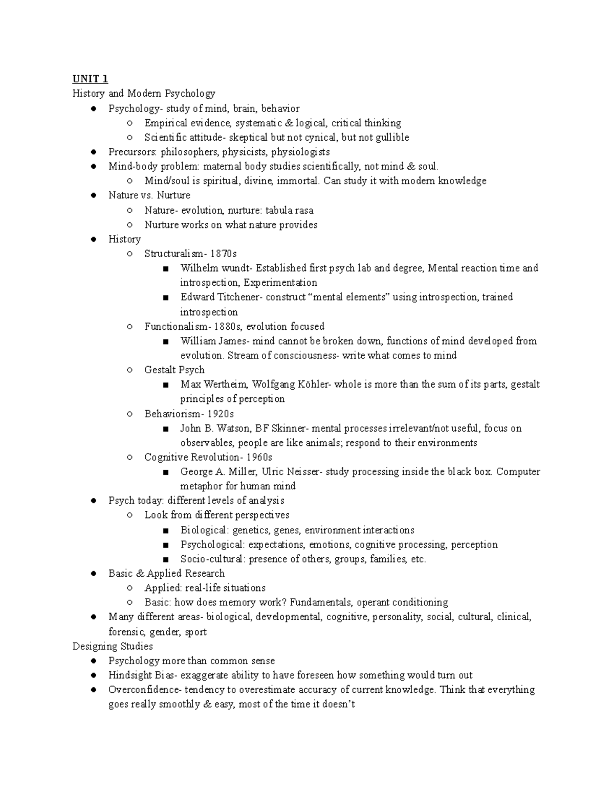Psych Study Guide - UNIT 1 History and Modern Psychology Psychology ...