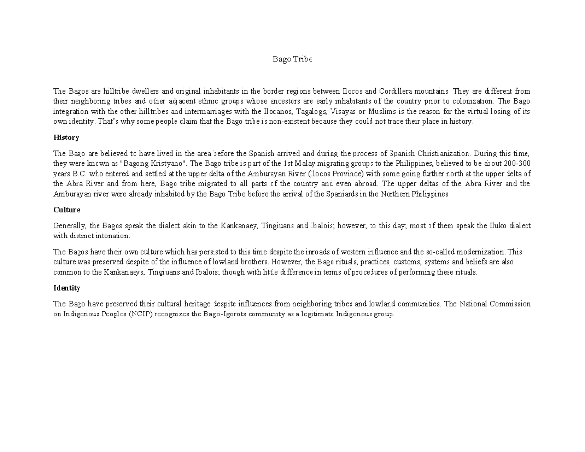 Bago-Tribe - report - Bago Tribe The Bagos are hilltribe dwellers and ...