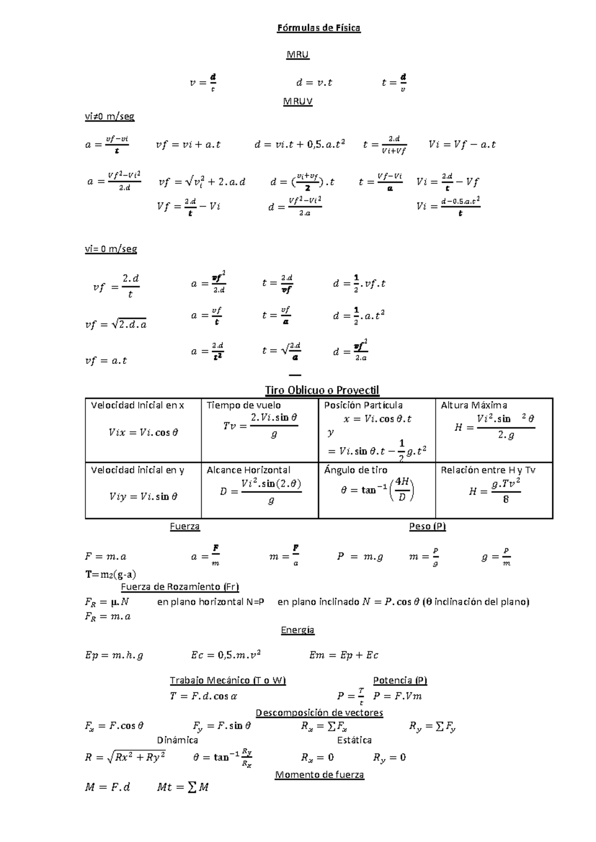 Formulas de física - 𝑡 = 𝑎 = 2 𝑑 = Fórmulas de Física MRU vi≠0 m/seg 𝑎 ...