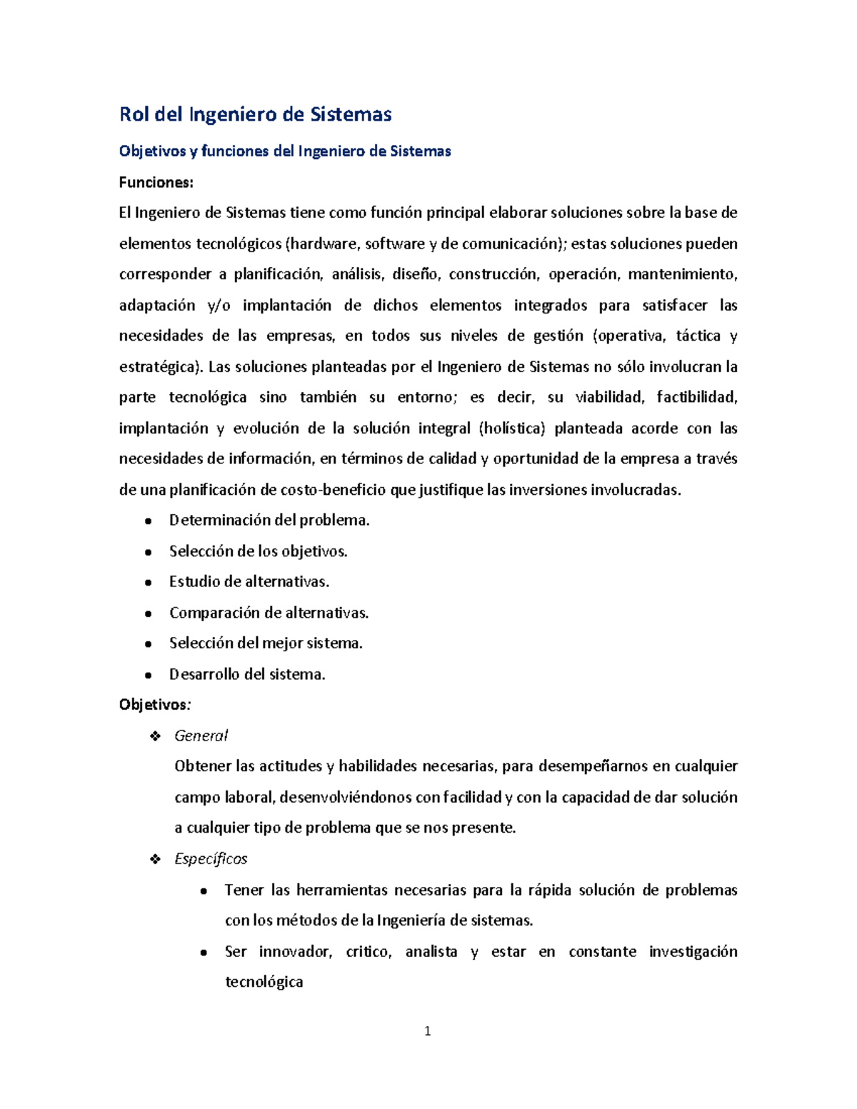 Idoc - tarea - Rol del Ingeniero de Sistemas Objetivos y funciones del Ingeniero de Sistemas ...
