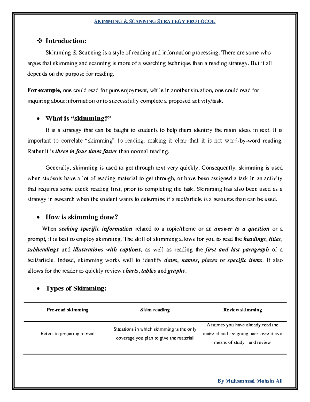Handouts for Skimming and Scanning pdf - Introduction: Skimming ...