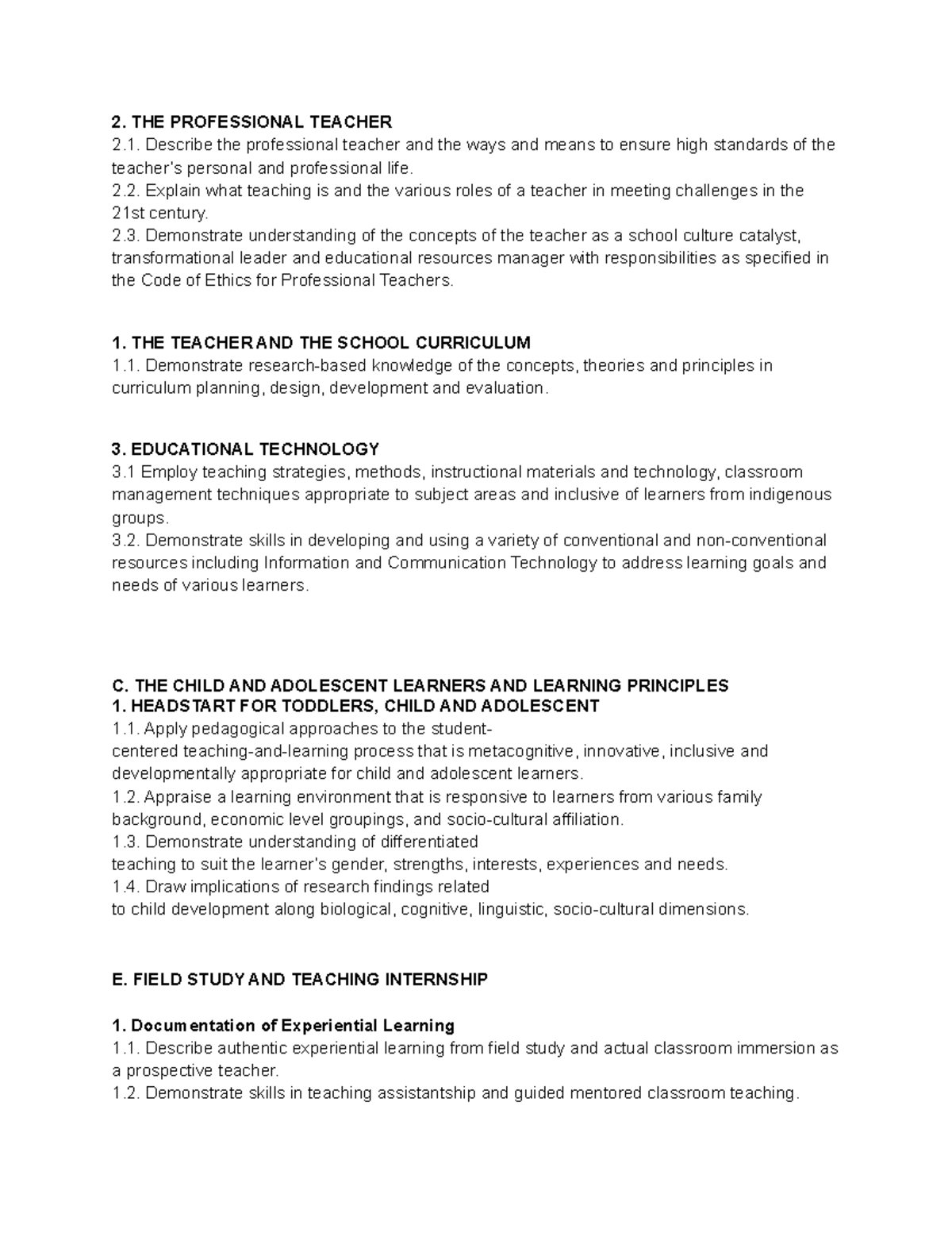 Table of Specifications - 2. THE PROFESSIONAL TEACHER Describe the ...