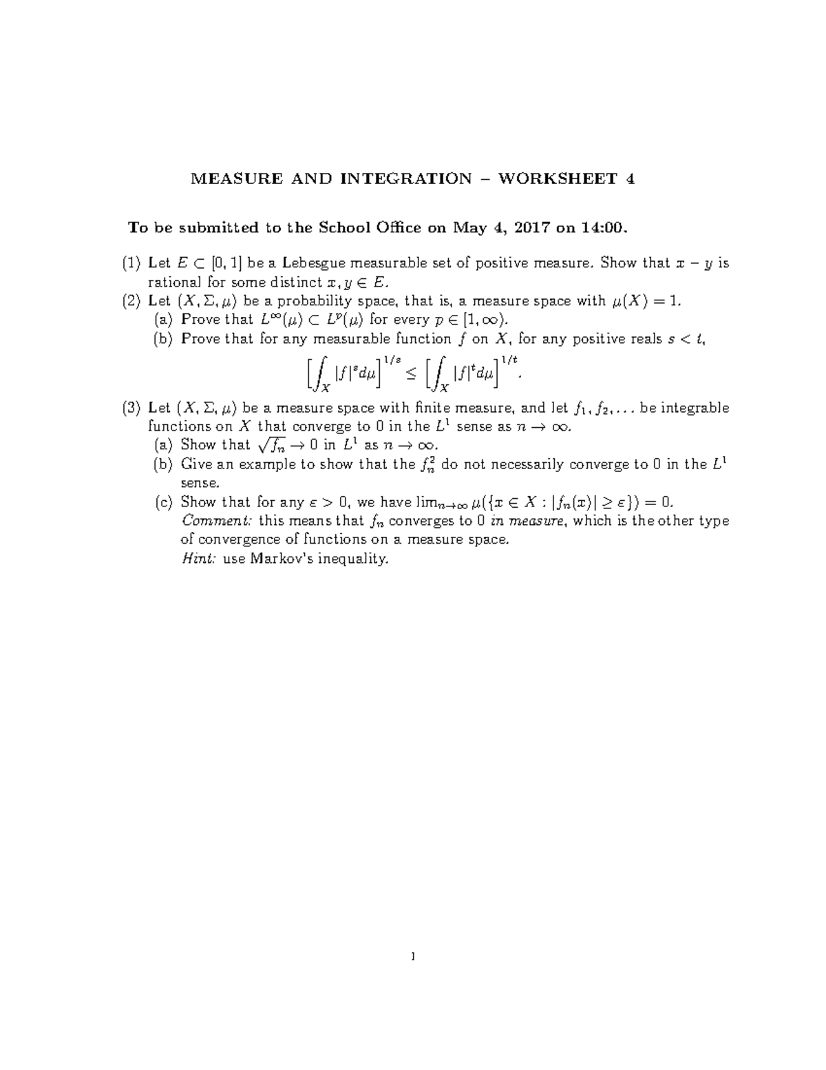 Measure and Integration Worksheet 4 - MEASURE AND INTEGRATION ...