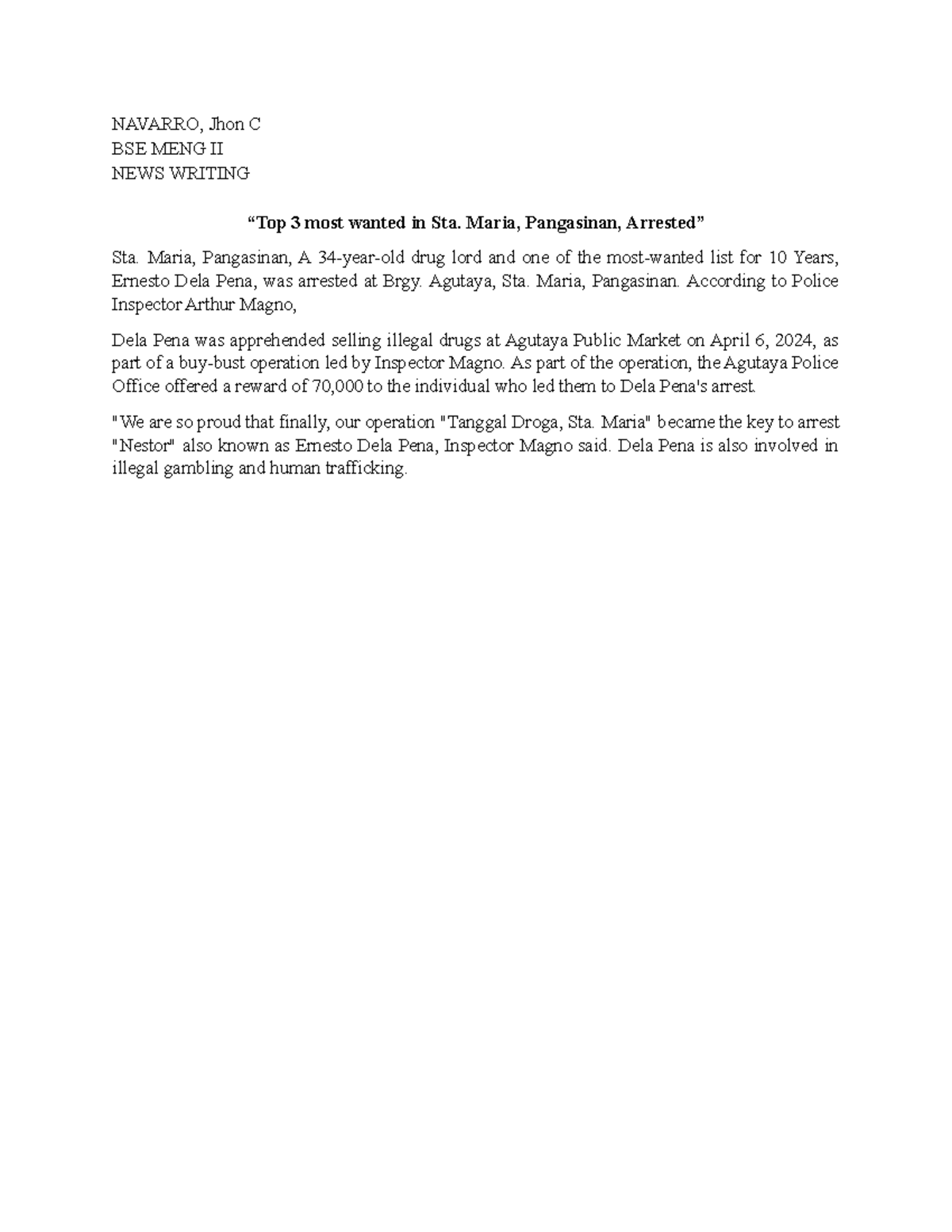 Navarro, Jhon C- News Writing - NAVARRO, Jhon C BSE MENG II NEWS ...