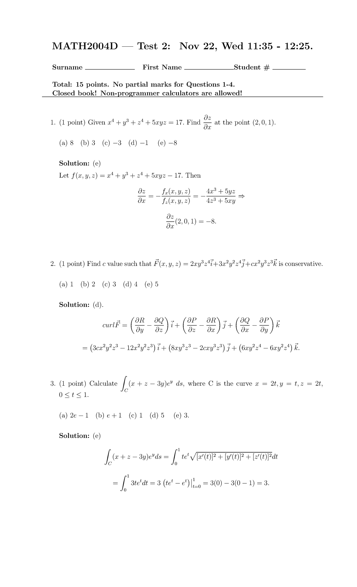 MATH2004 D-Test2-sol - test sol - MATH2004D — Test 2: Nov 22, Wed 11:35 ...
