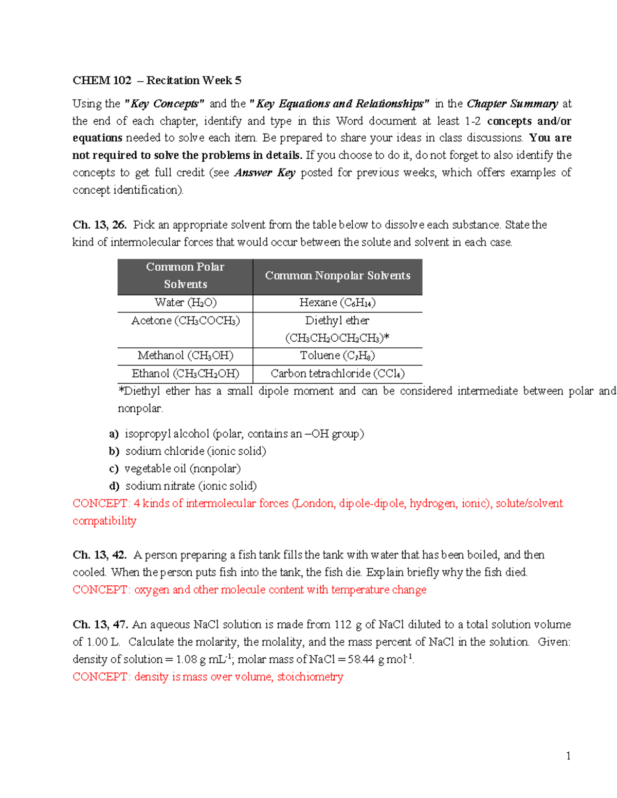 CHEM 102 - Recitation Week5 - CHEM 102 – Recitation Week 5 Using the "Key Concepts" and - Studocu