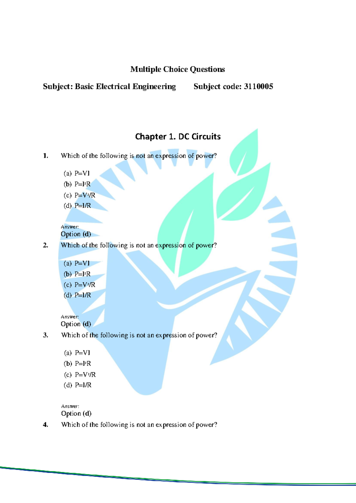 3110005-BEE - It is a Multiple Choice Questions Bank with answers ...