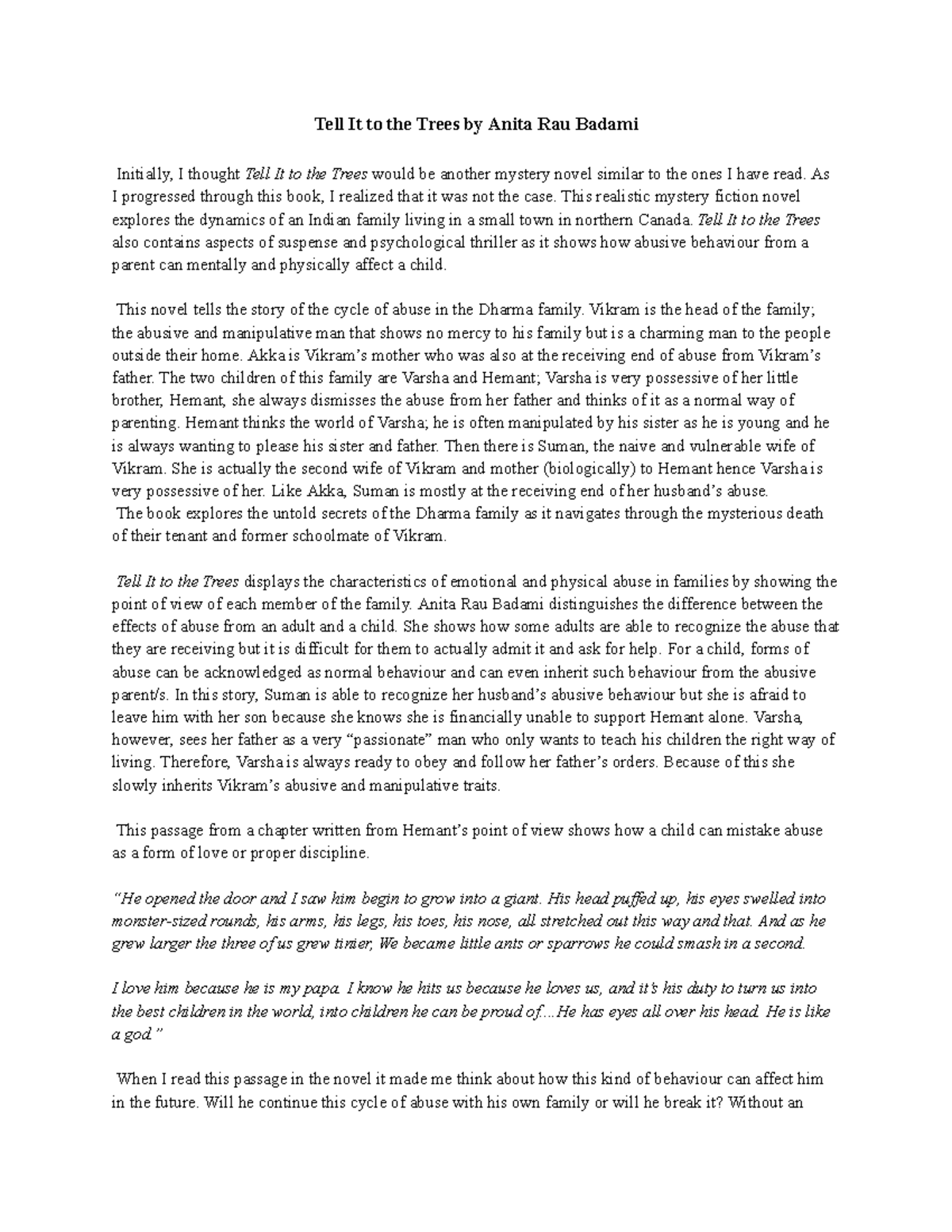 ELA A30 - Second Book Talk - Tell It to the Trees by Anita Rau Badami ...