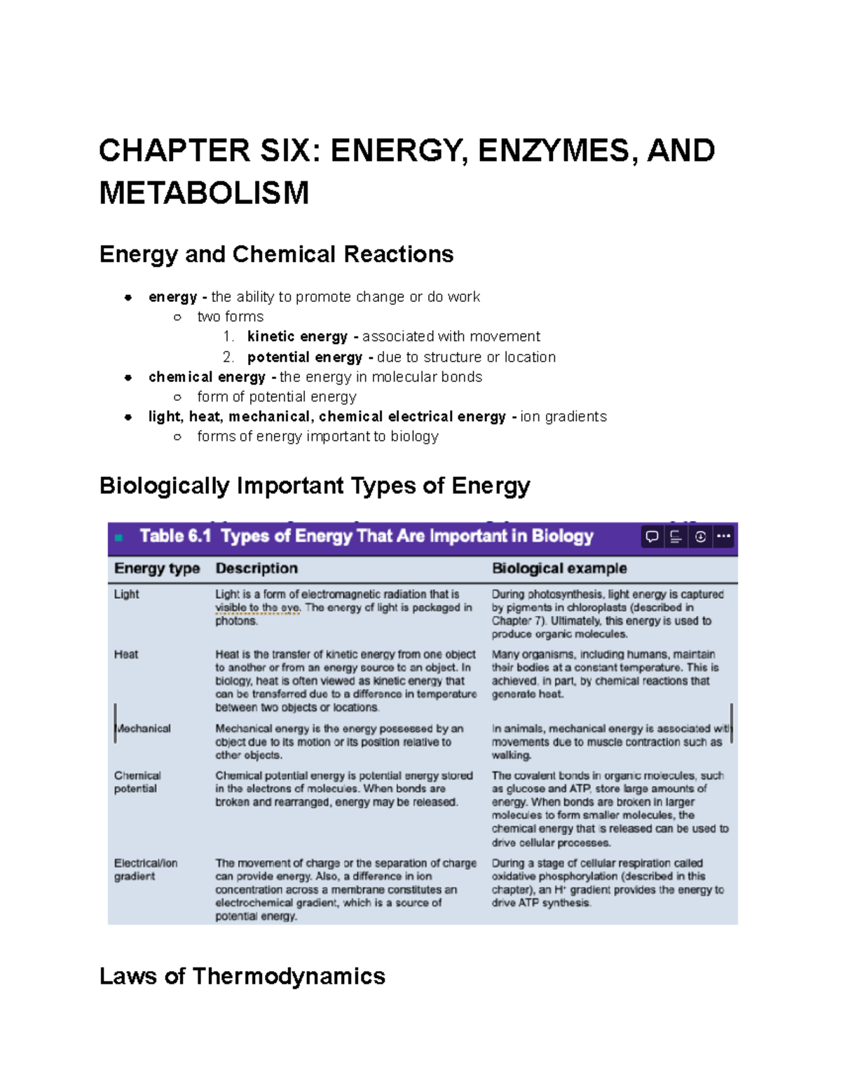 Bio 181 - bio 181H lecture notes - CHAPTER SIX: ENERGY, ENZYMES, AND ...