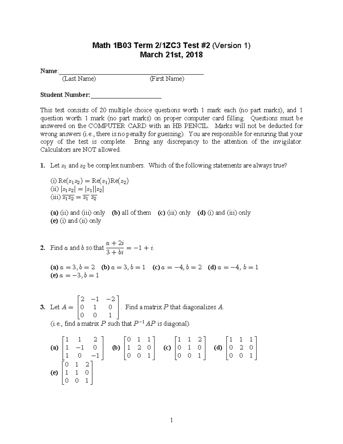 Test 2 2018 - practice - Math 1B03 Term 2/1ZC3 Test #2 (Version 1 ...