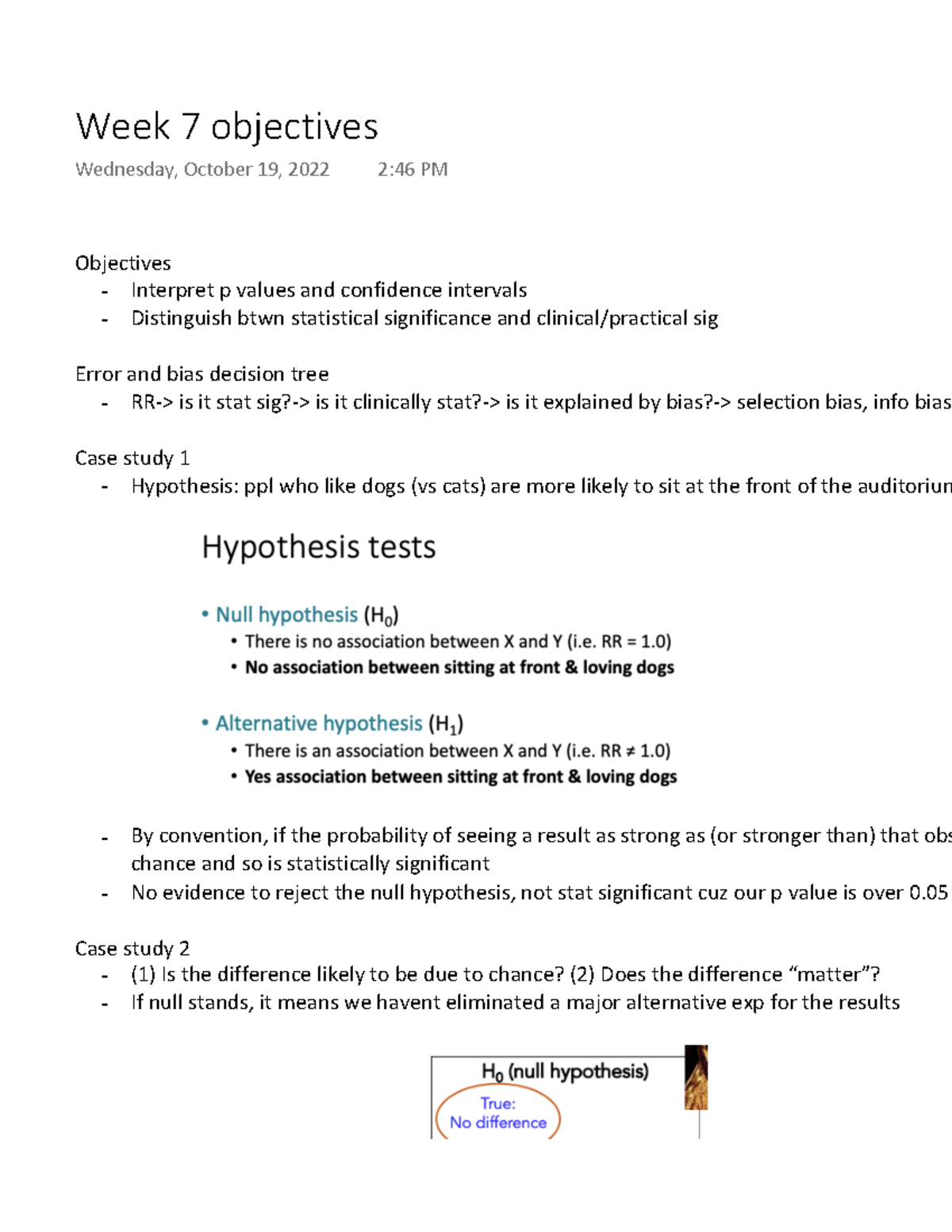 Week 7 objectives - Lec 7 notes - Objectives Interpret p values and ...