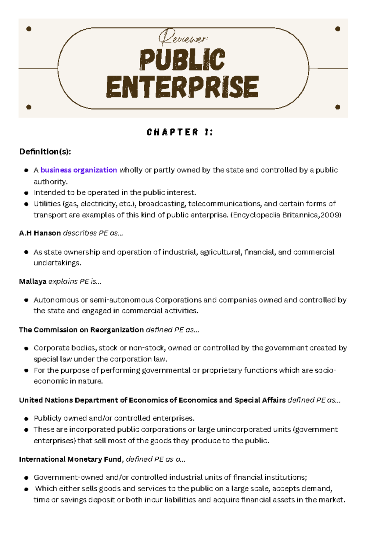 Public Enterprise Reviewer - C H A P T E R 1 : Definition(s): A Hanson ...
