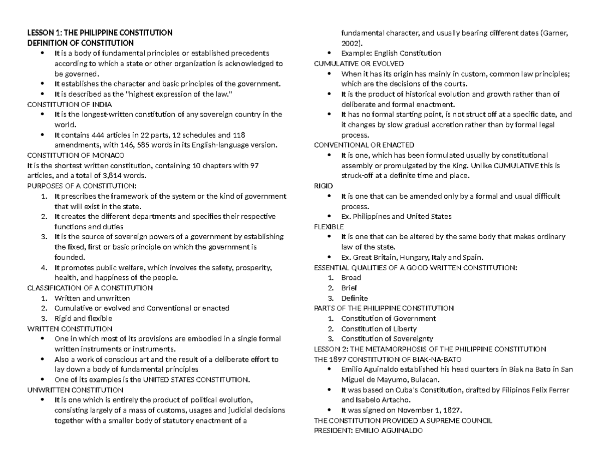 RPH Finals - LESSON 1: THE PHILIPPINE CONSTITUTION DEFINITION OF ...
