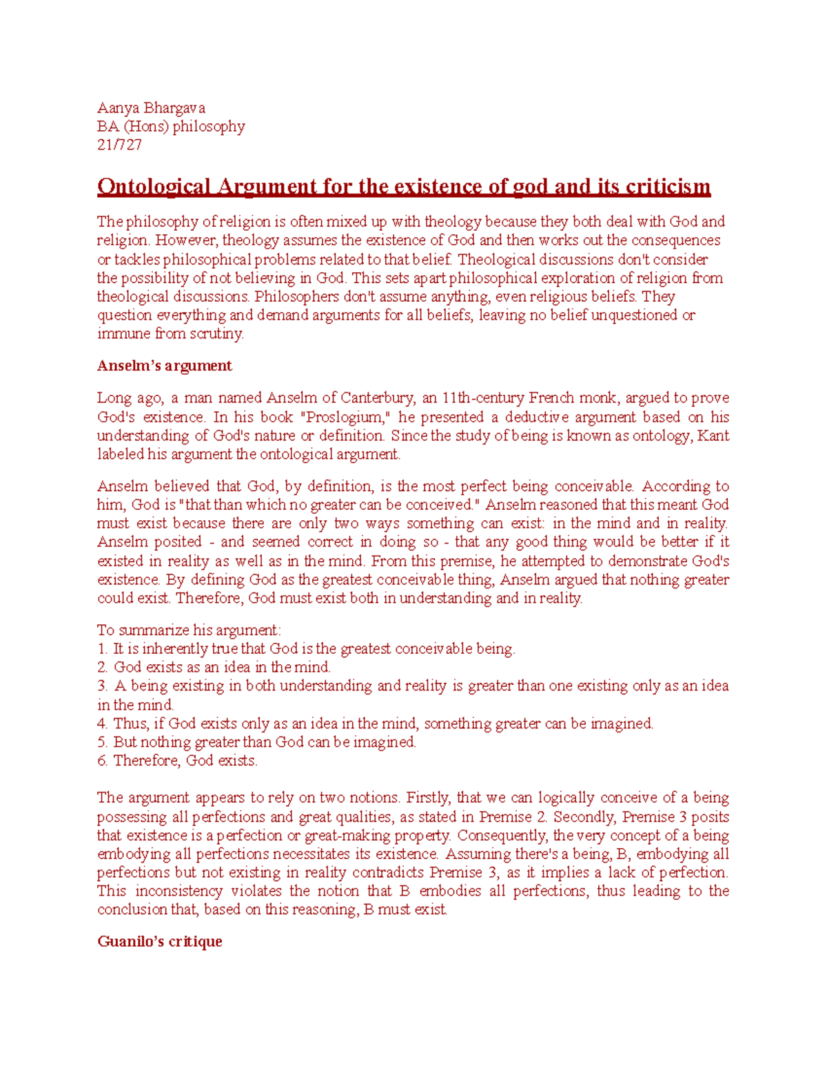 Philosophy of religion - ontological argument for the existence of god ...