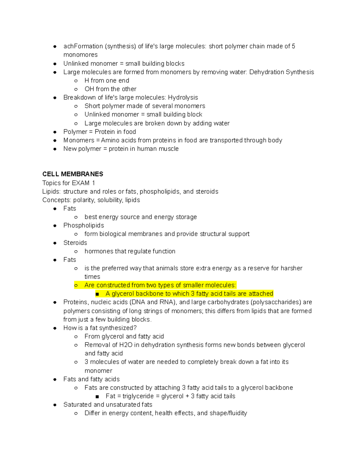 Bio Notes - achFormation (synthesis) of life's large molecules: short ...