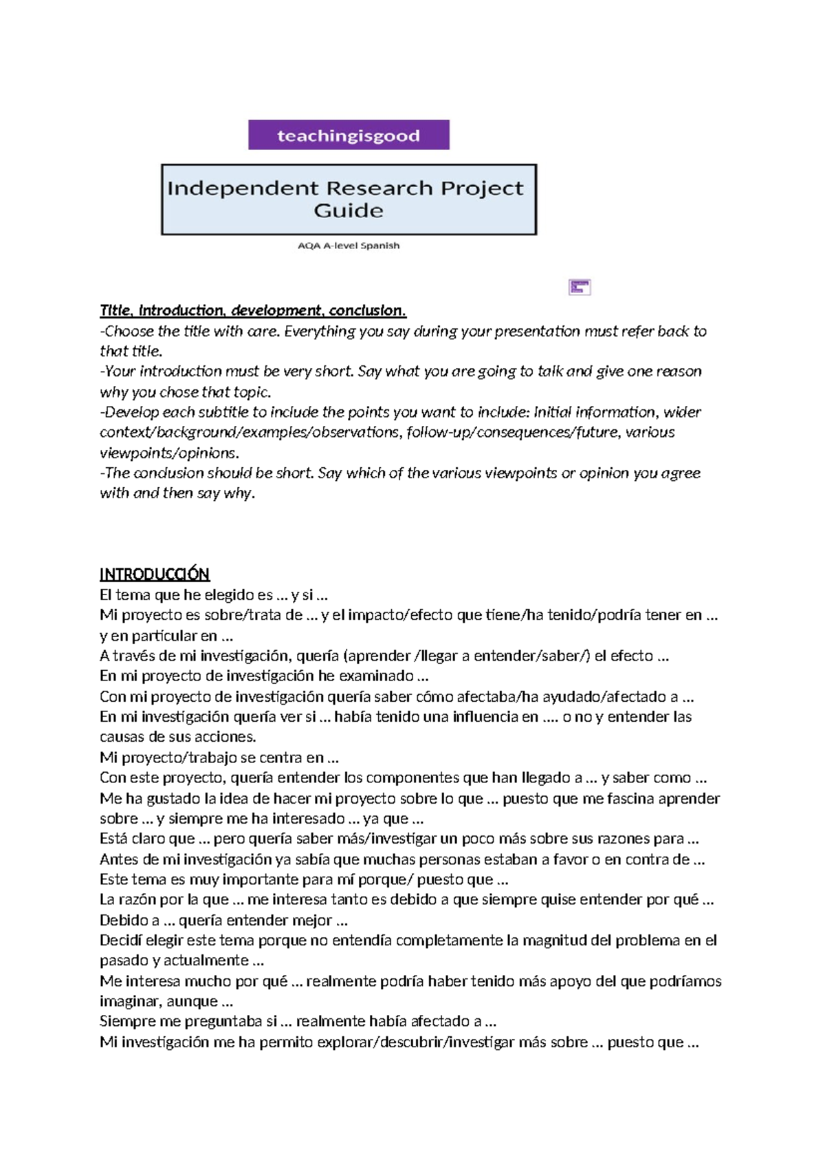 Frases utiles para el IRP - Title, introduction, development, conclusion. -Choose the title with ...