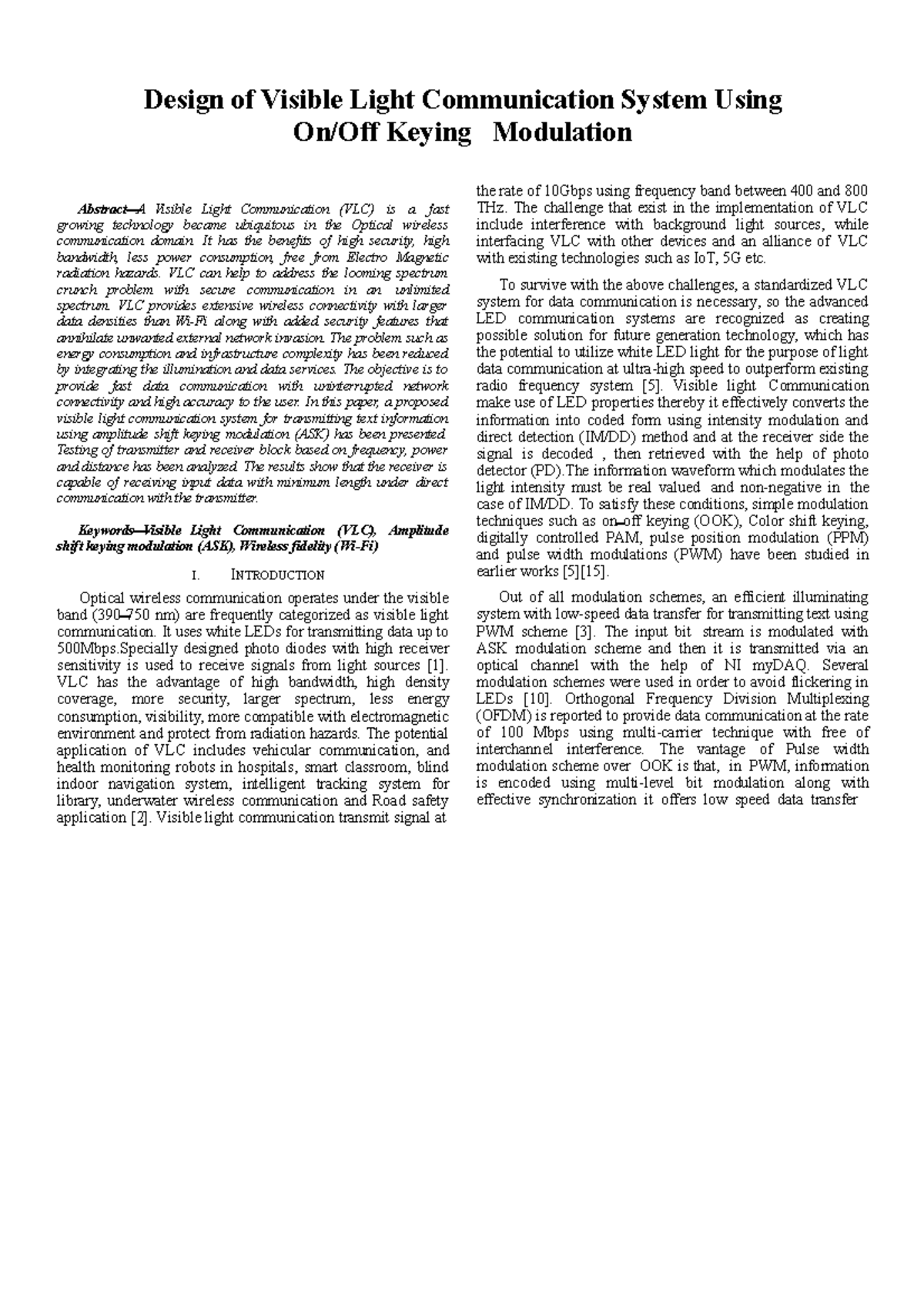 Design Of Visible Light Communication System Using On Off Keying
