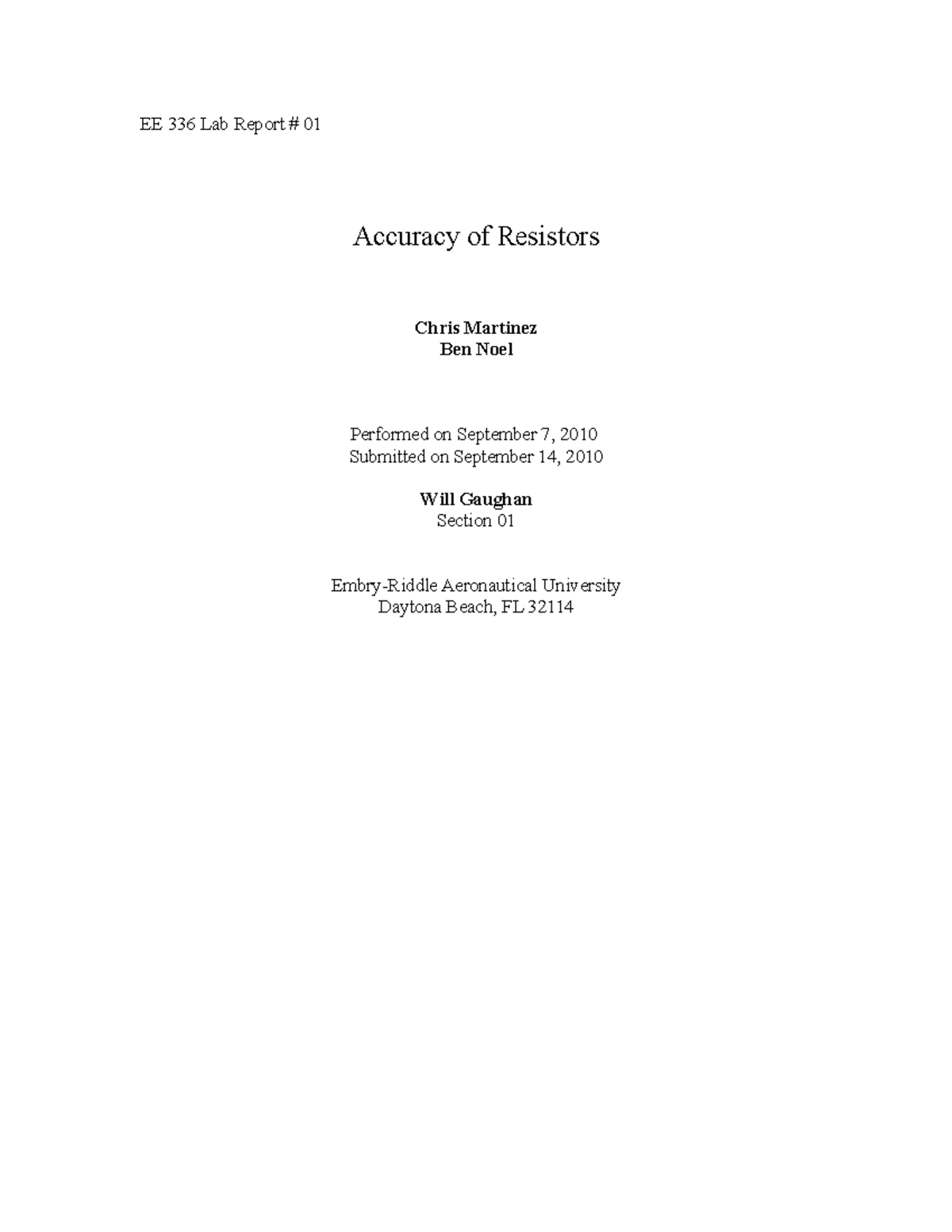 Accuracy of Resistors - EE 336 Lab Report # 01 Accuracy of Resistors ...