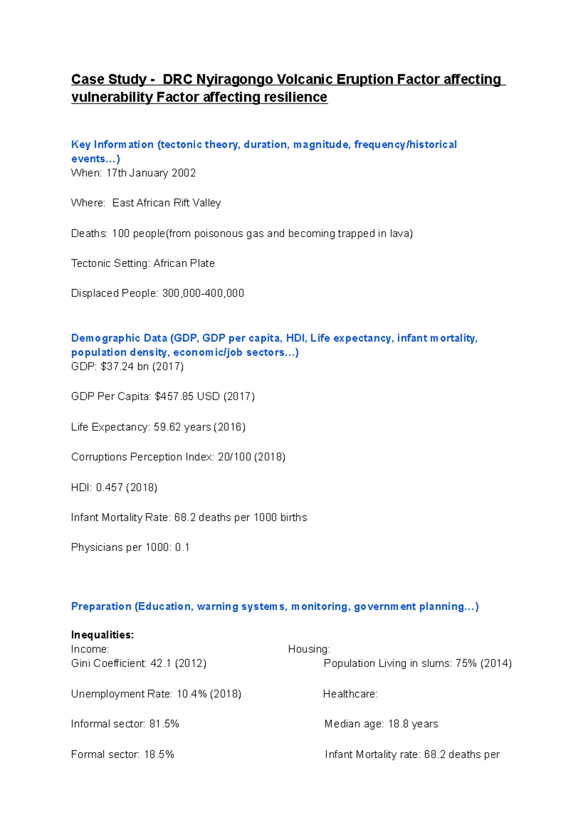 Goma 2002 - Case Study Notes on eruption. - Case Study - DRC Nyiragongo ...