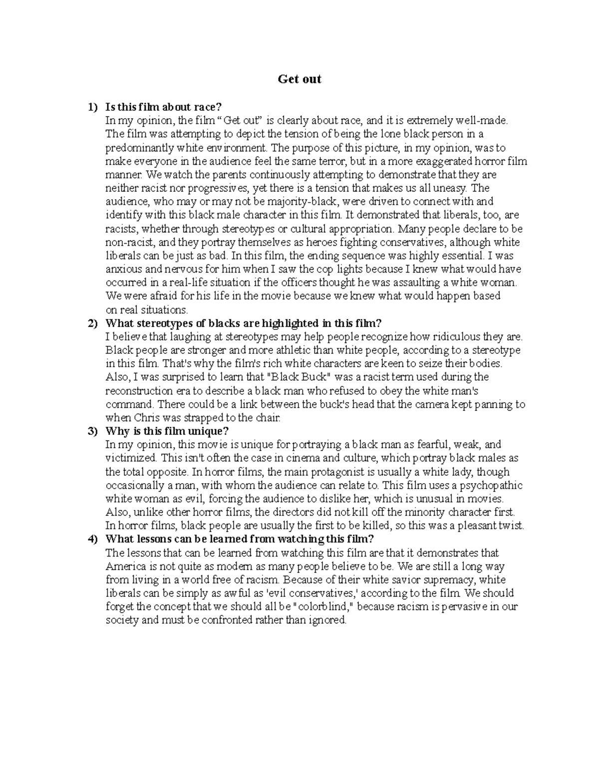 Get out - All are assignments - Get out 1) Is this film about race? In ...