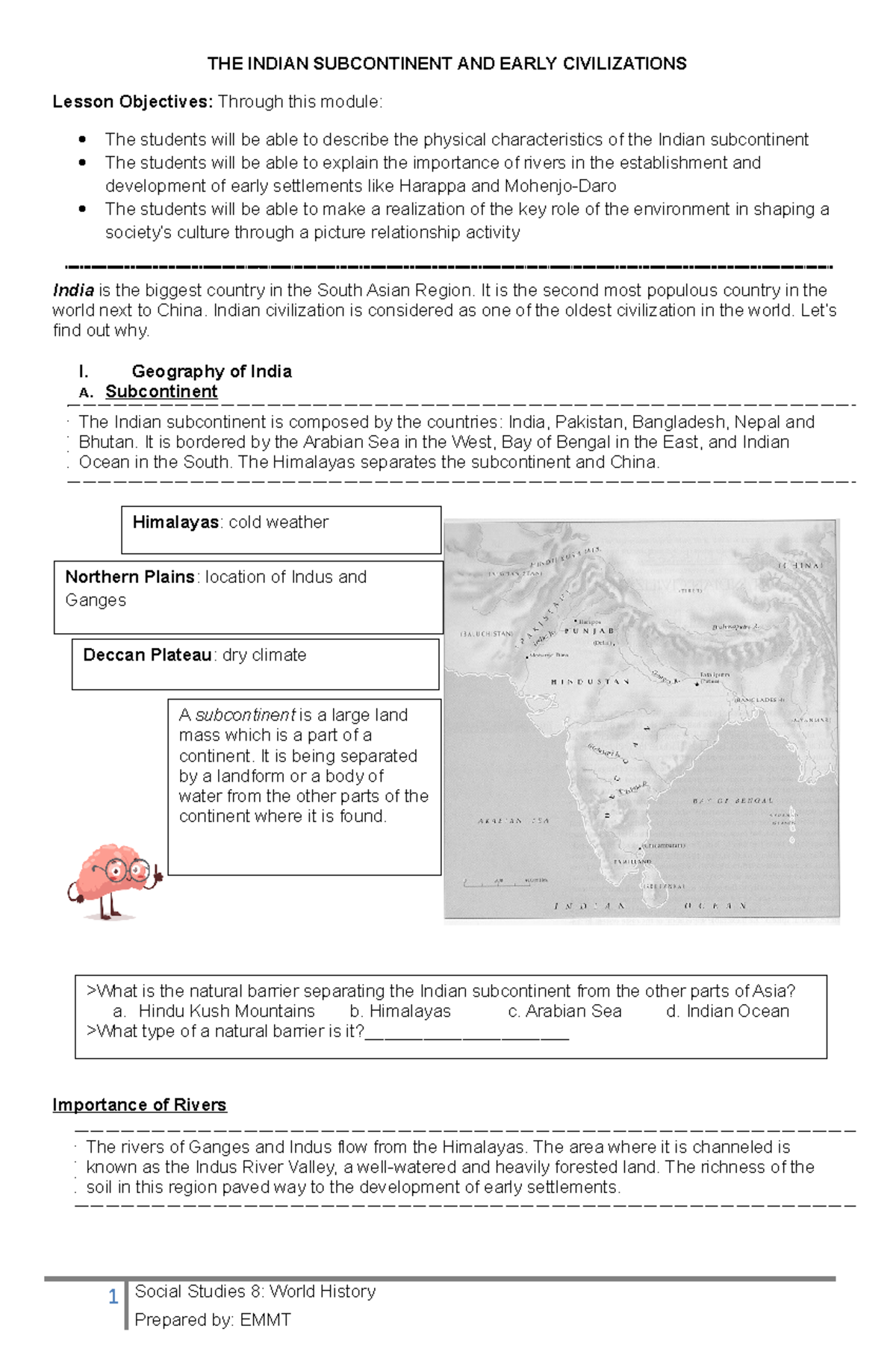 Module - Activity - THE INDIAN SUBCONTINENT AND EARLY CIVILIZATIONS ...