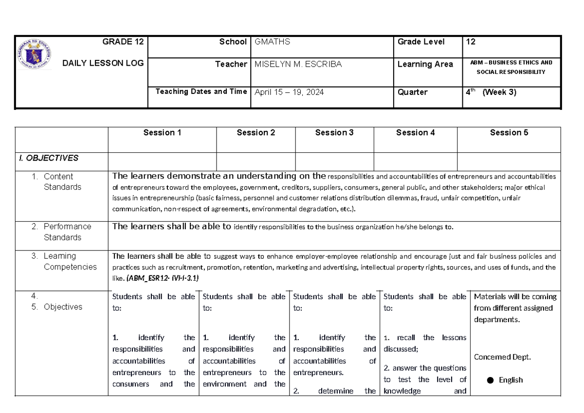 DLL Q4W3 BUSINESS ETHICS LESSON PLAN SAMPLE - GRADE 12 DAILY LESSON LOG ...