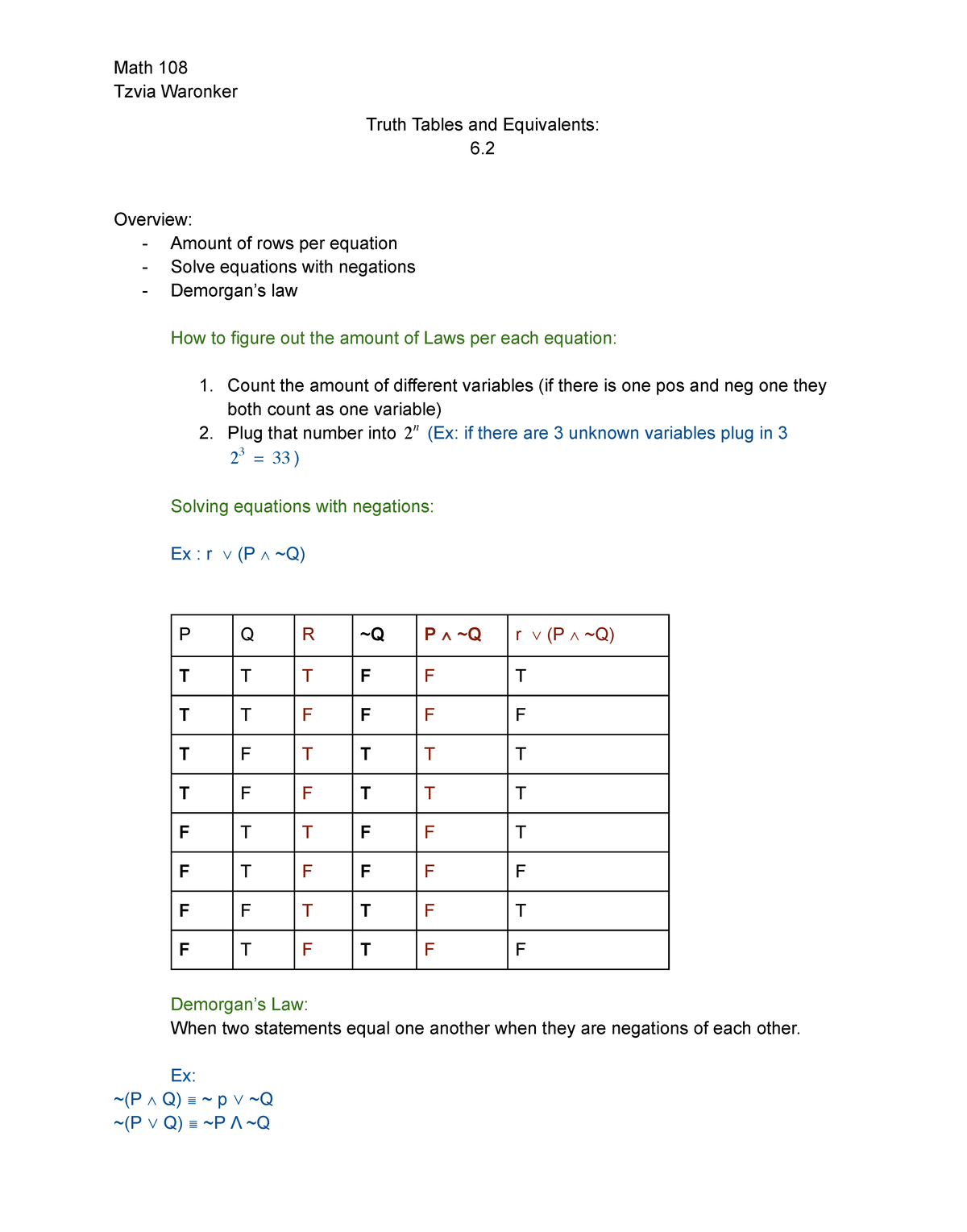 Math 108 6.2 - Google Docs - Math 108 Tzvia Waronker Truth Tables and ...