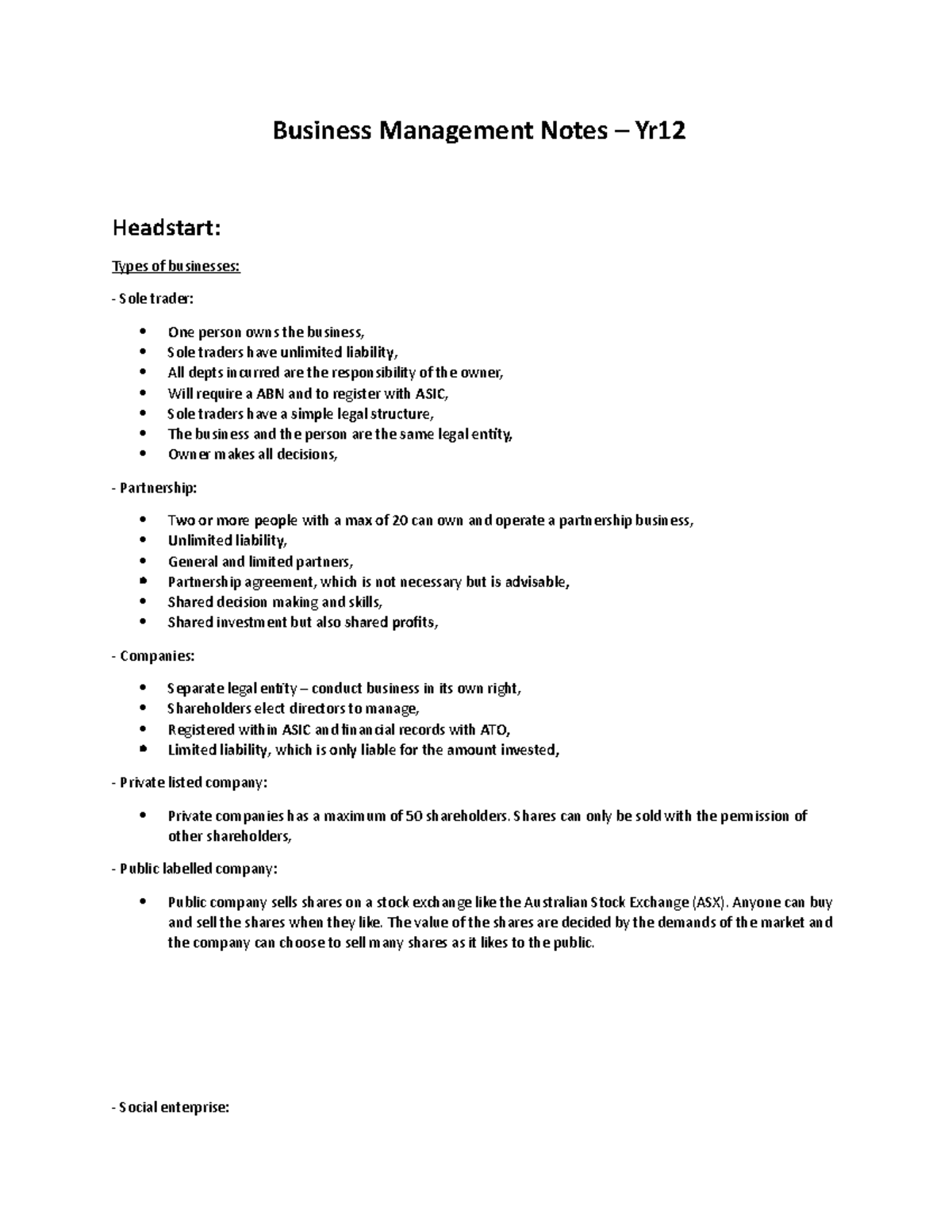 Business Management Notes - Shares can only be sold with the permission ...