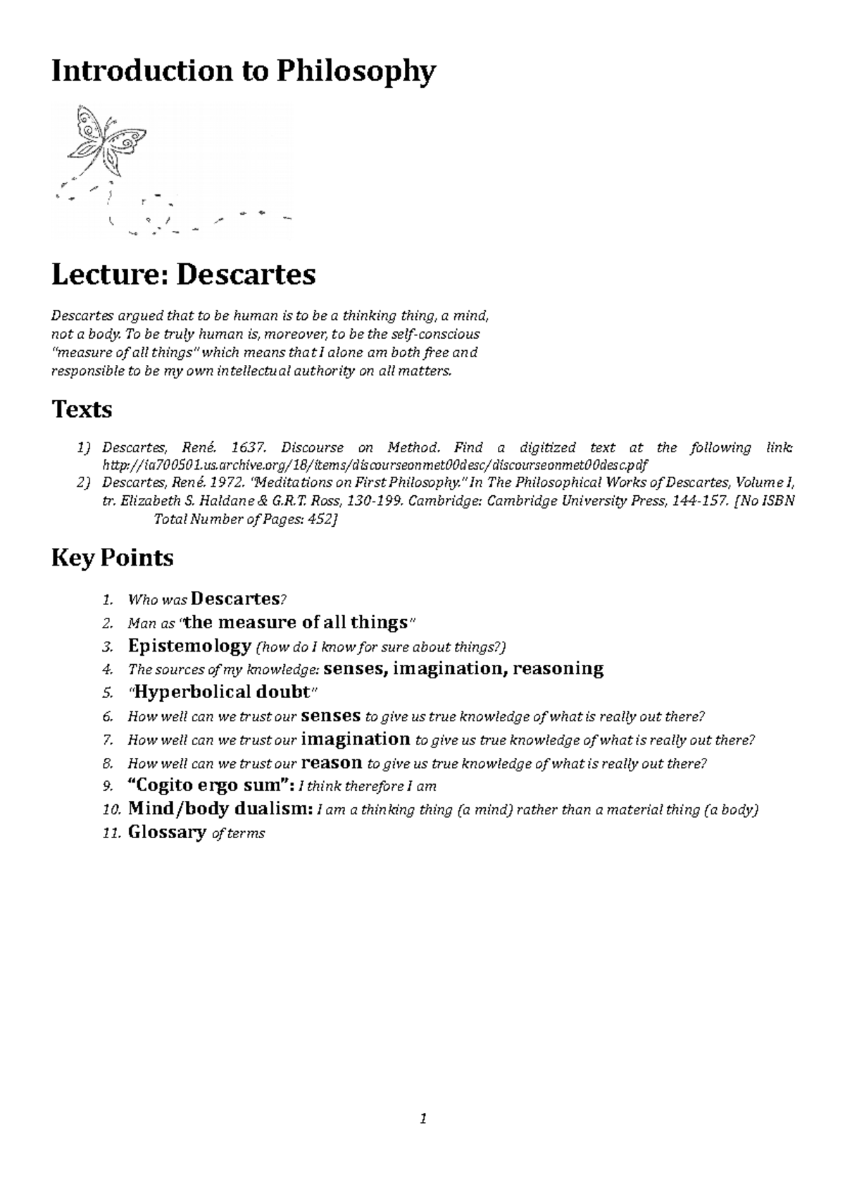 SFV102 Lecture 1 Notes Descartes - Introduction to Philosophy Lecture ...