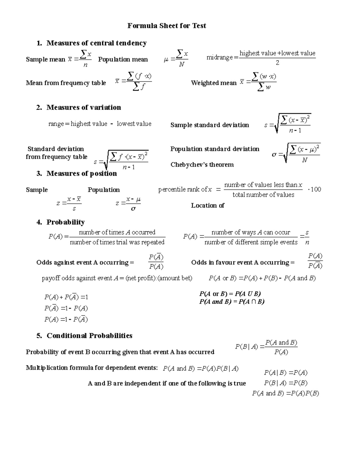 MATH186 - Formula Sheet - Formula Sheet for Test 1. Measures of central ...