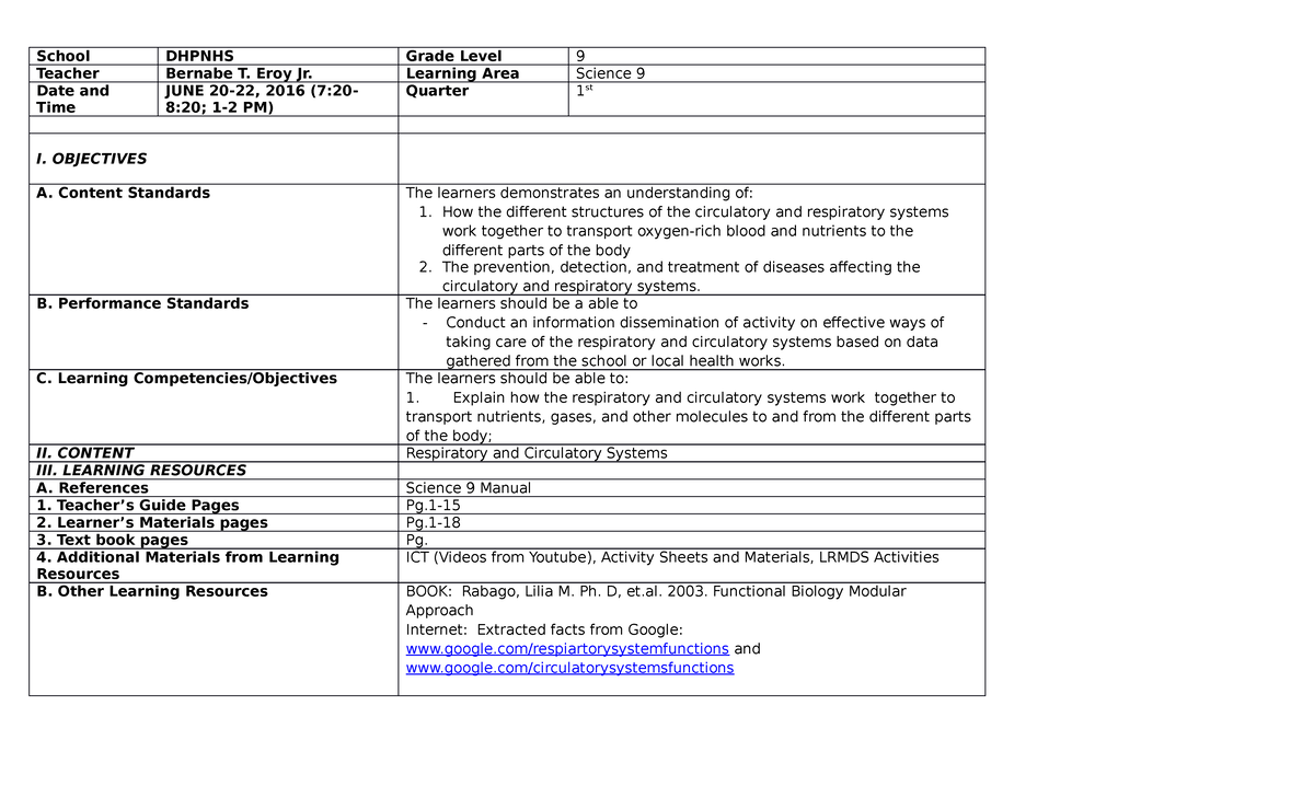 Pdfcoffee - School DHPNHS Grade Level 9 Teacher Bernabe T. Eroy Jr. Learning Area Science 9 Date ...