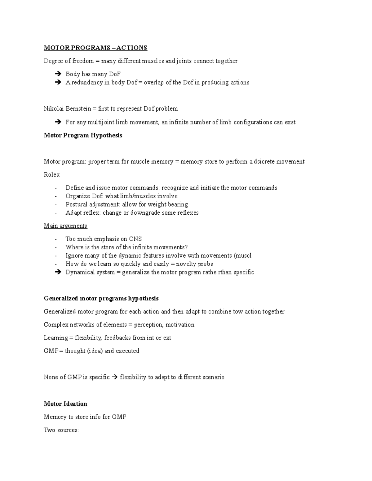 Motor Programs Motor Programs Actions Degree Of Freedom Many