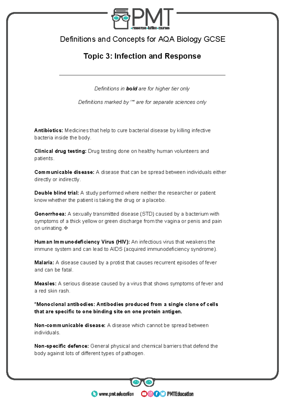 Definitions -Topic 3 Infection and Response paper 1 - Definitions and ...